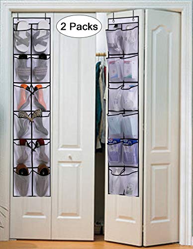 MISSLO Over The Door Shoe Organizer 12 Large Mesh Pockets Hanging Narrow Closet Door, White, 2 Pack