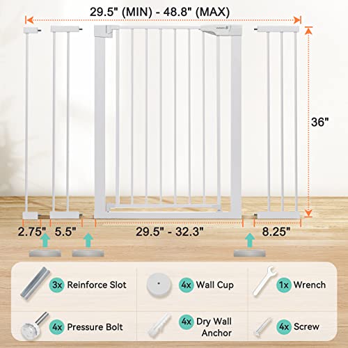 COMOMY 36" Extra Tall Baby Gate for Stairs Doorways, Fits Openings 29.5" to 48.8" Wide, Auto Close Extra Wide Dog Gate for House, Pressure Mounted Easy Walk Through Pet Gate with Door, White