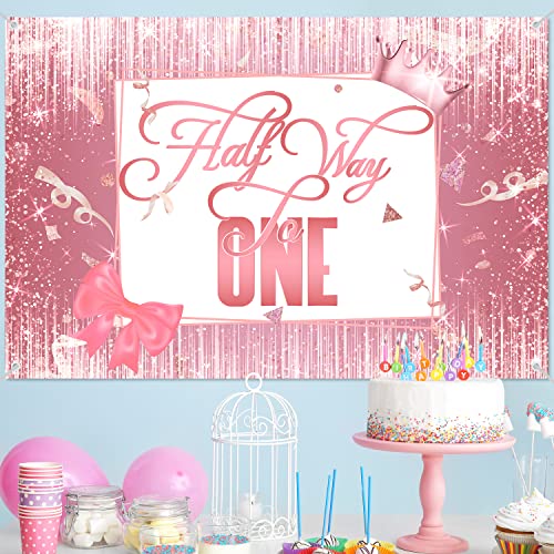 Half Way To One Birthday Backdrop Banner Decorations for Baby Girls Rose Gold 6 Months 1/2 Bday Background Photography Party Sign Decor Supplies Pink