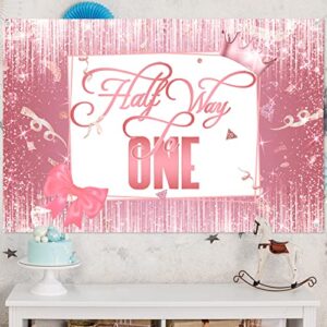 Half Way To One Birthday Backdrop Banner Decorations for Baby Girls Rose Gold 6 Months 1/2 Bday Background Photography Party Sign Decor Supplies Pink