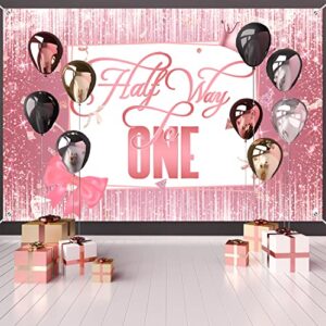 Half Way To One Birthday Backdrop Banner Decorations for Baby Girls Rose Gold 6 Months 1/2 Bday Background Photography Party Sign Decor Supplies Pink