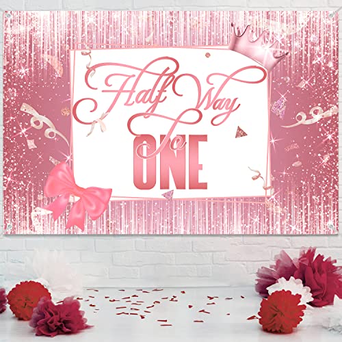 Half Way To One Birthday Backdrop Banner Decorations for Baby Girls Rose Gold 6 Months 1/2 Bday Background Photography Party Sign Decor Supplies Pink