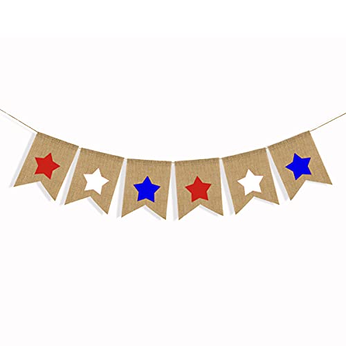 Red White and Blue Stars Banner, Patriotic 4th of July American Independence Day Garden Flag Garland Burlap Bunting Sign