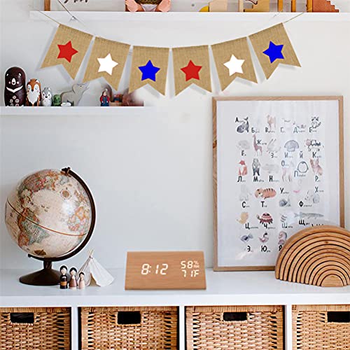 Red White and Blue Stars Banner, Patriotic 4th of July American Independence Day Garden Flag Garland Burlap Bunting Sign