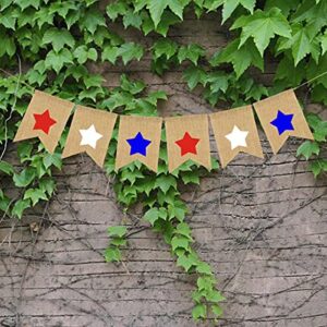 Red White and Blue Stars Banner, Patriotic 4th of July American Independence Day Garden Flag Garland Burlap Bunting Sign