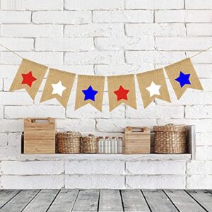 Red White and Blue Stars Banner, Patriotic 4th of July American Independence Day Garden Flag Garland Burlap Bunting Sign