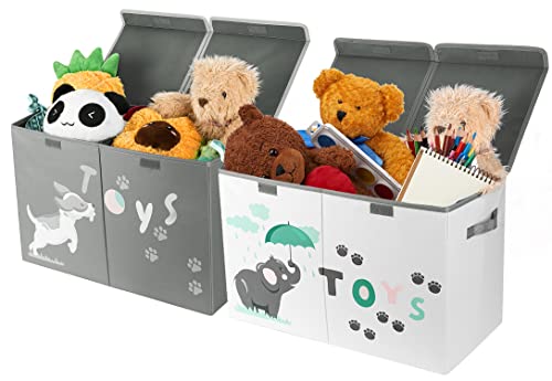 Kids Toy Storage Box (2pc) Large, Lightweight Collapsible Sturdy Toy Storage w/Flip-Top Lid & Handles – Fabric Chest/Bin/Basket/Trunk/Organizer for Toddler (24.5" x 12" x 16") (Dog & Elephant)