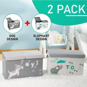 Kids Toy Storage Box (2pc) Large, Lightweight Collapsible Sturdy Toy Storage w/Flip-Top Lid & Handles – Fabric Chest/Bin/Basket/Trunk/Organizer for Toddler (24.5" x 12" x 16") (Dog & Elephant)