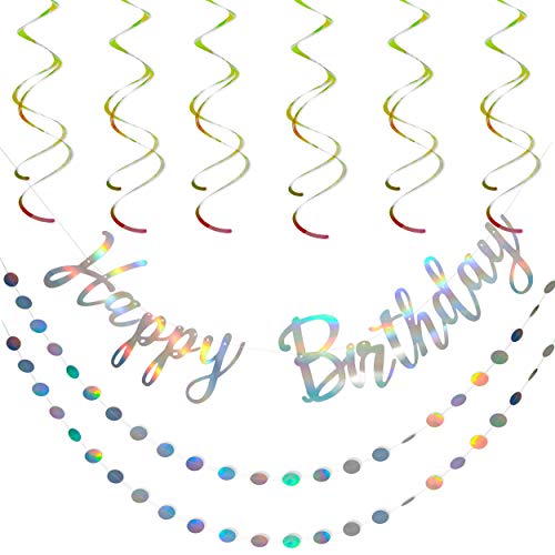 Artistrend Happy Birthday Banner Iridescent Silver Decorations Set with Garland and Swirls