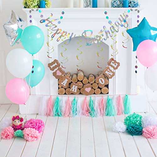 Artistrend Happy Birthday Banner Iridescent Silver Decorations Set with Garland and Swirls