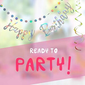 Artistrend Happy Birthday Banner Iridescent Silver Decorations Set with Garland and Swirls