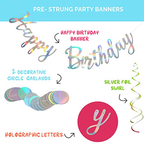 Artistrend Happy Birthday Banner Iridescent Silver Decorations Set with Garland and Swirls