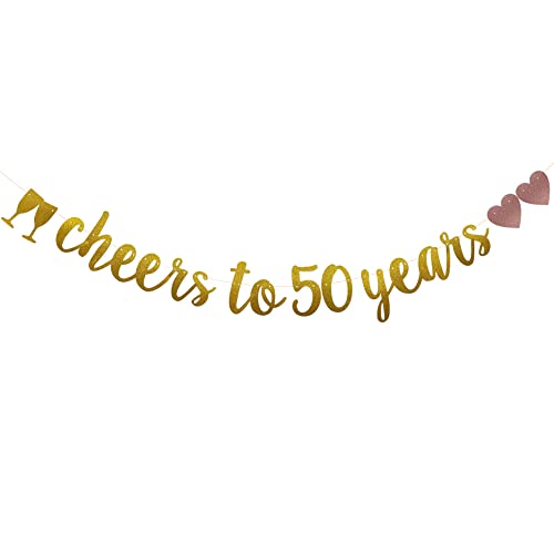 Cheers to 50 Years Banner, Pre-Strung, Gold Glitter Paper Garlands for 50th Birthday / Wedding Anniversary Party Decorations Supplies, No Assembly Required,(Gold)SUNbetterland