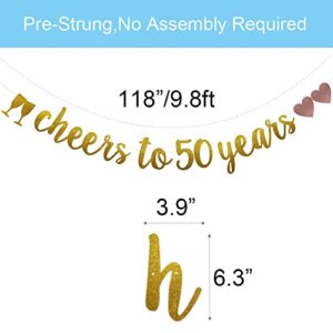 Cheers to 50 Years Banner, Pre-Strung, Gold Glitter Paper Garlands for 50th Birthday / Wedding Anniversary Party Decorations Supplies, No Assembly Required,(Gold)SUNbetterland