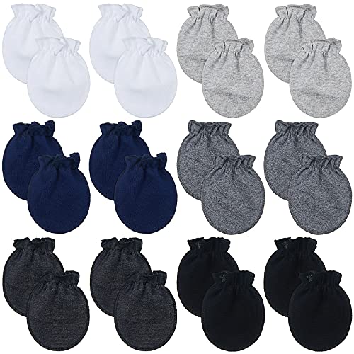 12 Pairs Newborn Baby Mittens Toddler No Scratch Mittens for 0-6 Months Baby Boys Girls (White, Light Grey, Navy, Grey, Dark Grey, Black)