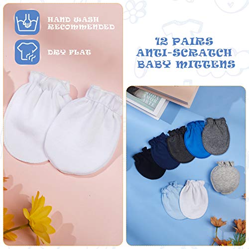 12 Pairs Newborn Baby Mittens Toddler No Scratch Mittens for 0-6 Months Baby Boys Girls (White, Light Grey, Navy, Grey, Dark Grey, Black)