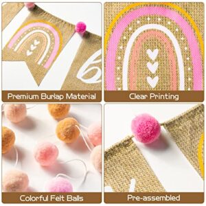 FeelWarm Boho Rainbow Baby Burlap Banner with Pom Pom Garland Bohemia Hippie Pre-strung Swallowtail Flag Banner Wool Felt Balls Hanging Garland Decoration Baby Shower Photo Prop for Neutral Baby