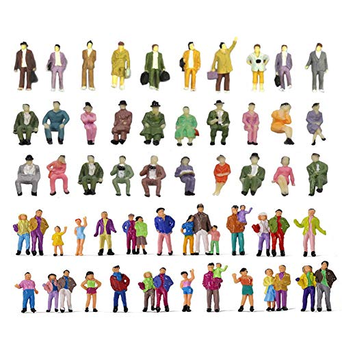 Hiawbon 50 Pcs People Figurines Set Tiny Sitting and Standing Delicate Hand Painted People Model Train Park Street People Figures for Miniature Scenes,1:87 Scale