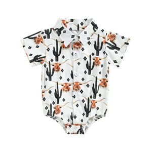 aeemcem baby boy western clothes cow print dress shirt bodysuit short sleeve button up one-piece romper jumpsuit boho clothes (a white cow&cactus, 0-6 months)