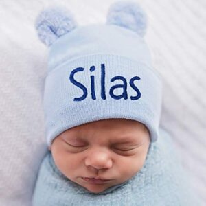 Melondipity Baby Hospital Hat with Ears – Personalized & Customizable Beanie Caps for Infants, Boys - Soft, Stretchy & 2-Ply Fabric - Head Wraps for Newborn – Blue