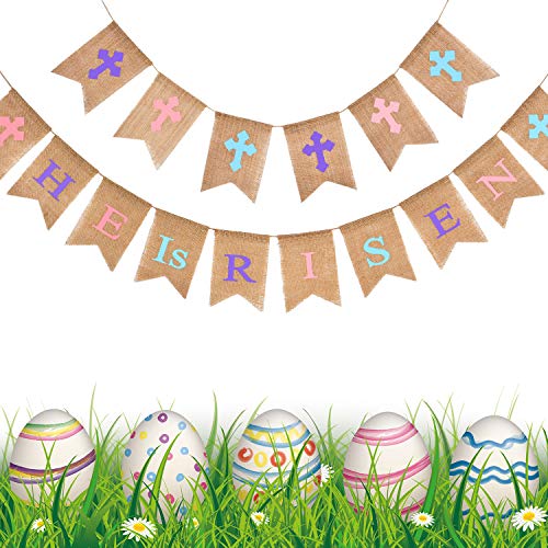 2 Sets Easter Burlap Banner HE is Risen Hanging Garland Printed Easter Bunting for Easter Day Decorations