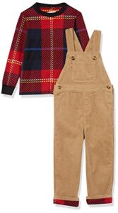 levi’s baby boys’ graphic t-shirt and overalls 2-piece outfit set, harvest gold/plaid, 4t