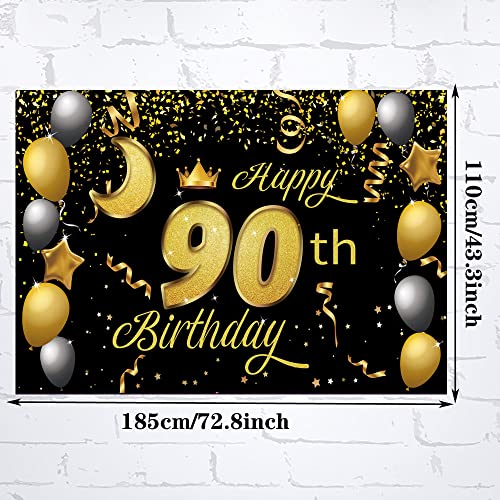 Sweet Happy 90th Birthday Backdrop Banner Poster 90 Birthday Party Decorations 90th Birthday Party Supplies 90th Photo Background for Girls,Boys,Women,Men - Black Gold 72.8 x 43.3 Inch