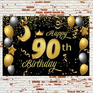 Sweet Happy 90th Birthday Backdrop Banner Poster 90 Birthday Party Decorations 90th Birthday Party Supplies 90th Photo Background for Girls,Boys,Women,Men - Black Gold 72.8 x 43.3 Inch