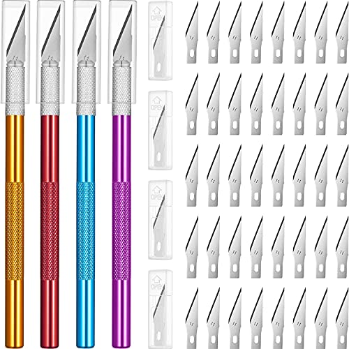 4 Pieces Craft Knife Hobby Knife with 40 Pieces Stainless Steel Blades Kit for Cutting Carving Scrapbooking Art Creation (Yellow, Red, Blue, Rose Red)