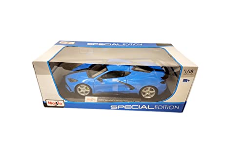 Maisto Diecast Cars 2020 Chevy Corvette Stingray C8 Coupe with High Wing Blue with Black Stripes 118 Diecast Model Car31455