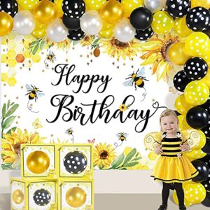 Bee Happy Birthday Backdrop Cute Bee Honeycomb Photography Background Gold Bee Theme Birthday Party Decorations Banner, Bee Baby Shower Backdrop 7x5ft