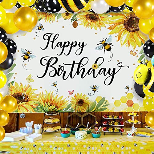 Bee Happy Birthday Backdrop Cute Bee Honeycomb Photography Background Gold Bee Theme Birthday Party Decorations Banner, Bee Baby Shower Backdrop 7x5ft