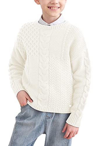 Kid Boys Girls Crewneck Pullover Sweater Long Sleeve Solid Color Chunky Jumper Knit Pullover Outwear,White,7-8 Years