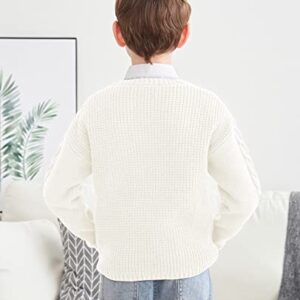 Kid Boys Girls Crewneck Pullover Sweater Long Sleeve Solid Color Chunky Jumper Knit Pullover Outwear,White,7-8 Years