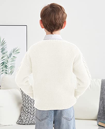 Kid Boys Girls Crewneck Pullover Sweater Long Sleeve Solid Color Chunky Jumper Knit Pullover Outwear,White,7-8 Years