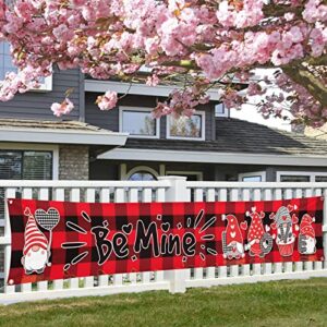 Large Be Mine Banner Valentines Day Outdoor Decorations 120" x 20" Valentine's Yard Sign Gnomes Buffalo Plaid Love Heart Balloon Red Holiday Party Supplies Valentine Backdrop Home Decor with Brass Grommets for Garden House Fence Garage Indoor Gifts Annive