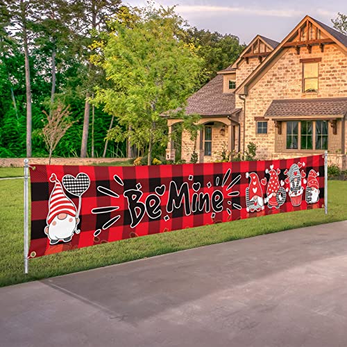 Large Be Mine Banner Valentines Day Outdoor Decorations 120" x 20" Valentine's Yard Sign Gnomes Buffalo Plaid Love Heart Balloon Red Holiday Party Supplies Valentine Backdrop Home Decor with Brass Grommets for Garden House Fence Garage Indoor Gifts Annive