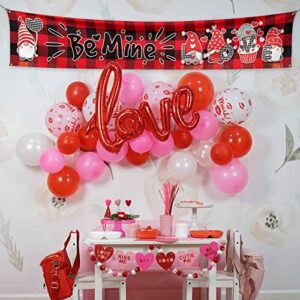 Large Be Mine Banner Valentines Day Outdoor Decorations 120" x 20" Valentine's Yard Sign Gnomes Buffalo Plaid Love Heart Balloon Red Holiday Party Supplies Valentine Backdrop Home Decor with Brass Grommets for Garden House Fence Garage Indoor Gifts Annive