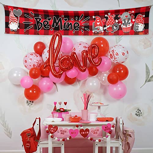 Large Be Mine Banner Valentines Day Outdoor Decorations 120" x 20" Valentine's Yard Sign Gnomes Buffalo Plaid Love Heart Balloon Red Holiday Party Supplies Valentine Backdrop Home Decor with Brass Grommets for Garden House Fence Garage Indoor Gifts Annive