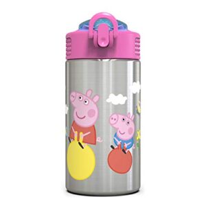 zak designs peppa pig 15.5oz stainless steel kids water bottle with flip-up straw spout – bpa free durable design, peppa pig ss, single wall