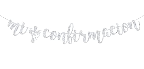 Mi Confirmación Banner, Holy Confirmation Decorations, Wedding, Bridal Shower, God Bless, Baptism Party Decorations Silver Glitter