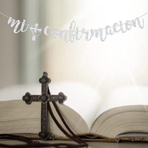 Mi Confirmación Banner, Holy Confirmation Decorations, Wedding, Bridal Shower, God Bless, Baptism Party Decorations Silver Glitter