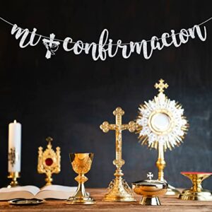 Mi Confirmación Banner, Holy Confirmation Decorations, Wedding, Bridal Shower, God Bless, Baptism Party Decorations Silver Glitter