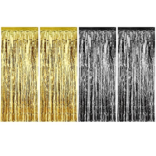 Sumind 4 Pack Foil Curtains Metallic Fringe Curtains Shimmer Curtain for Birthday Wedding Party Christmas Decorations (Gold and Black)