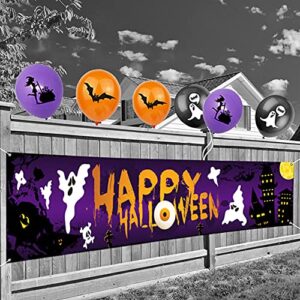 extra large happy halloween banner halloween party sign banner decorations halloween party balloons halloween ghost yard sign decoration backdrop photography backdrop for halloween party(118” x 24”)