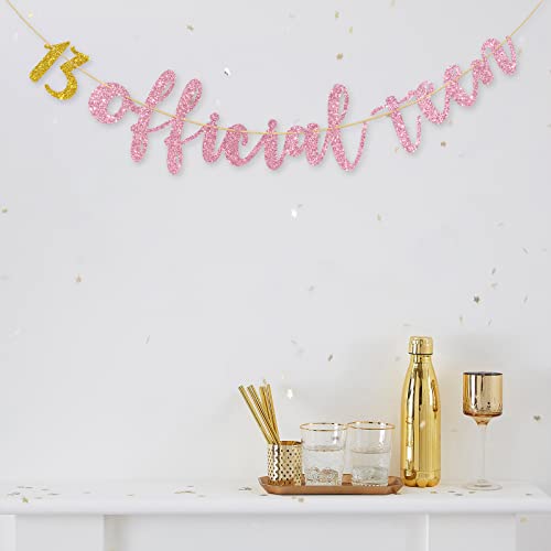 Halawawa Pink Glitter 13 Official Teen Banner - Happy 13th Birthday Party Decoration Banner for 13th Boys Girls - 13 Years Old Teenager Birthday Party Decors Photo Booth Props