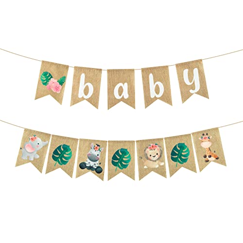 2Pcs Floral Safari Animals Baby Shower Burlap Banner Decoration, Wall Hanging Floral Wild Animals Banner Decor Lion, Giraffe, Elephant, Hippo Animal Pattern With Rope Hanging Banner Sign Decor Theme Party Indoor Decorations