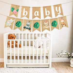 2Pcs Floral Safari Animals Baby Shower Burlap Banner Decoration, Wall Hanging Floral Wild Animals Banner Decor Lion, Giraffe, Elephant, Hippo Animal Pattern With Rope Hanging Banner Sign Decor Theme Party Indoor Decorations