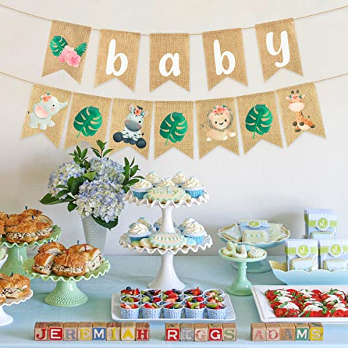 2Pcs Floral Safari Animals Baby Shower Burlap Banner Decoration, Wall Hanging Floral Wild Animals Banner Decor Lion, Giraffe, Elephant, Hippo Animal Pattern With Rope Hanging Banner Sign Decor Theme Party Indoor Decorations