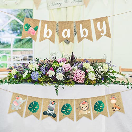 2Pcs Floral Safari Animals Baby Shower Burlap Banner Decoration, Wall Hanging Floral Wild Animals Banner Decor Lion, Giraffe, Elephant, Hippo Animal Pattern With Rope Hanging Banner Sign Decor Theme Party Indoor Decorations